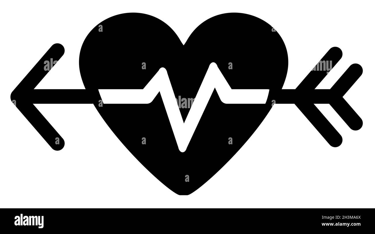 Heart arrow shot through heartbeat stencil black, vector illustration ...