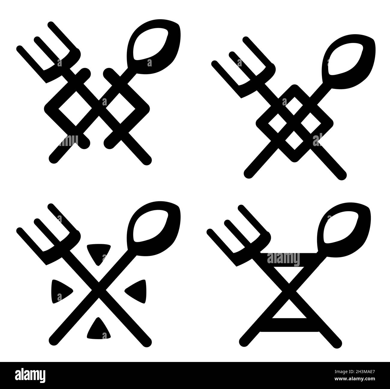 Fork and spoon crossed stencil icon set selection black, vector ...