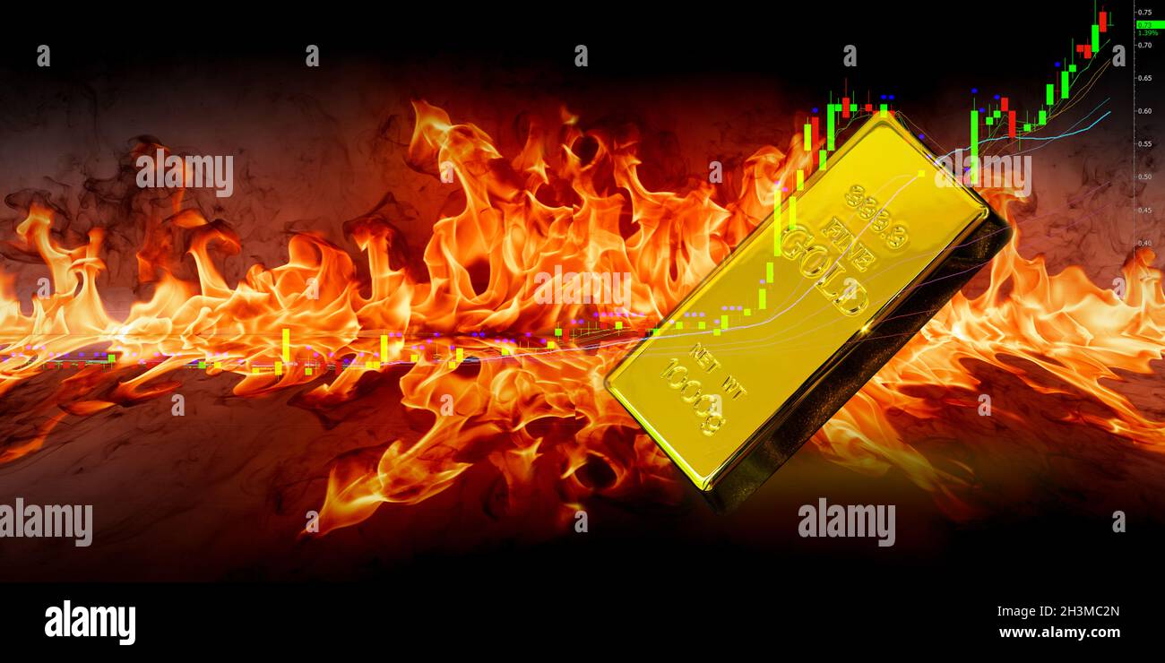 Gold bullion at fire flames burning at trading chart background Stock ...
