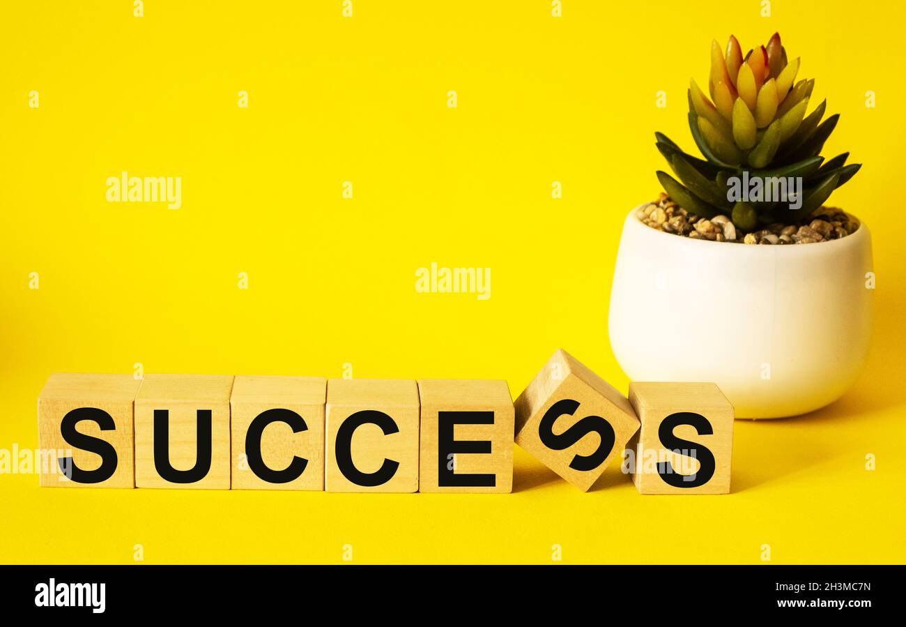 Success word written on a wooden block. Success text on yellow table ...