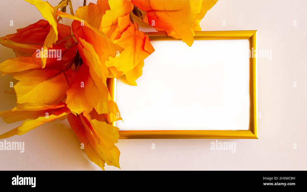 Frame for writing framed by a maple leaf branch on a light background ...