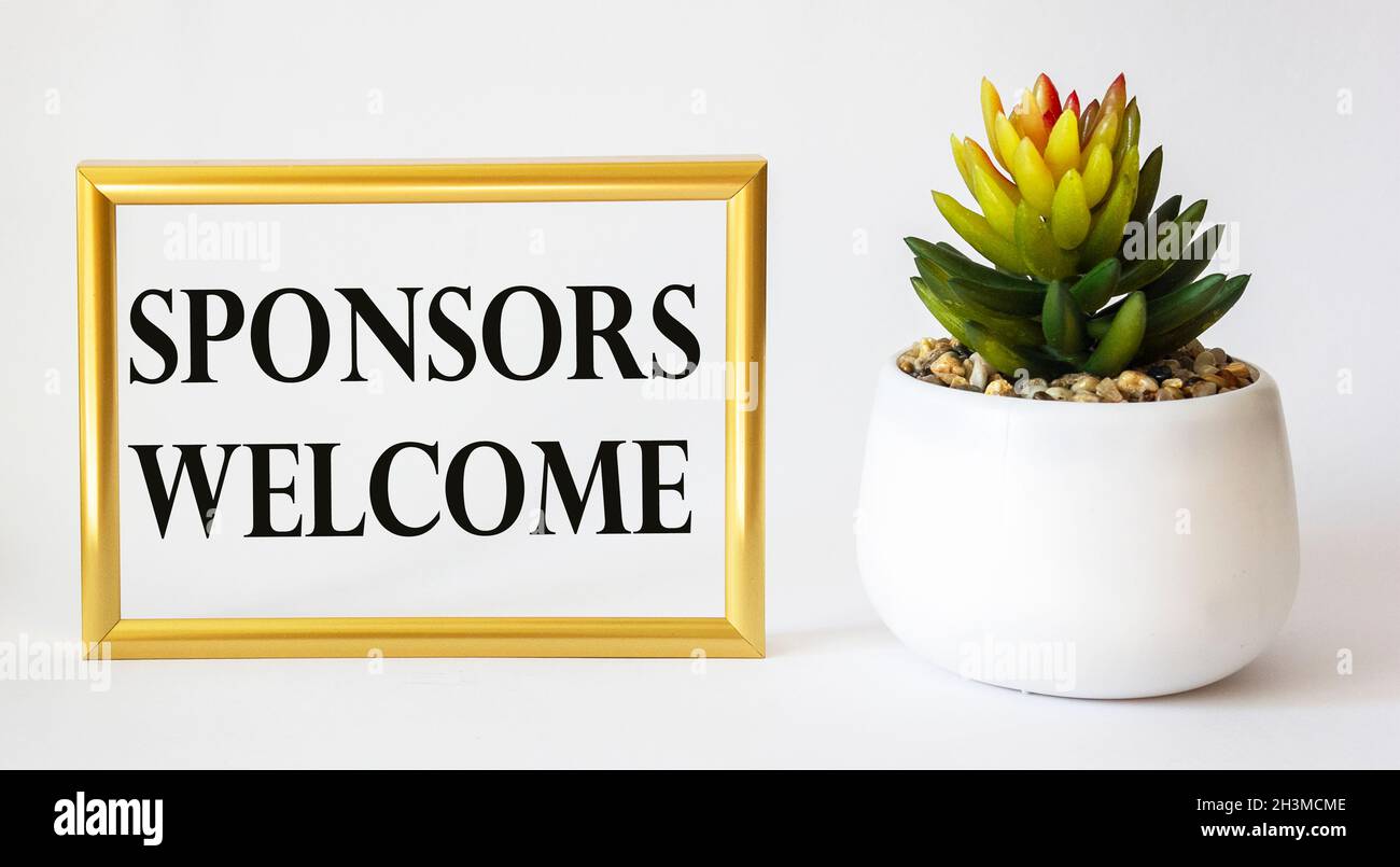 WELCOME SPONSOR words written on a golden photo frame, next to a cactus ...