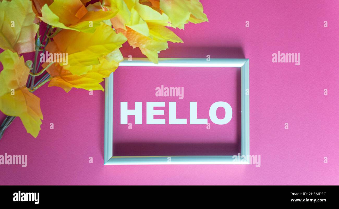 Hello text in silver frame and pink background, near golden foliage ...