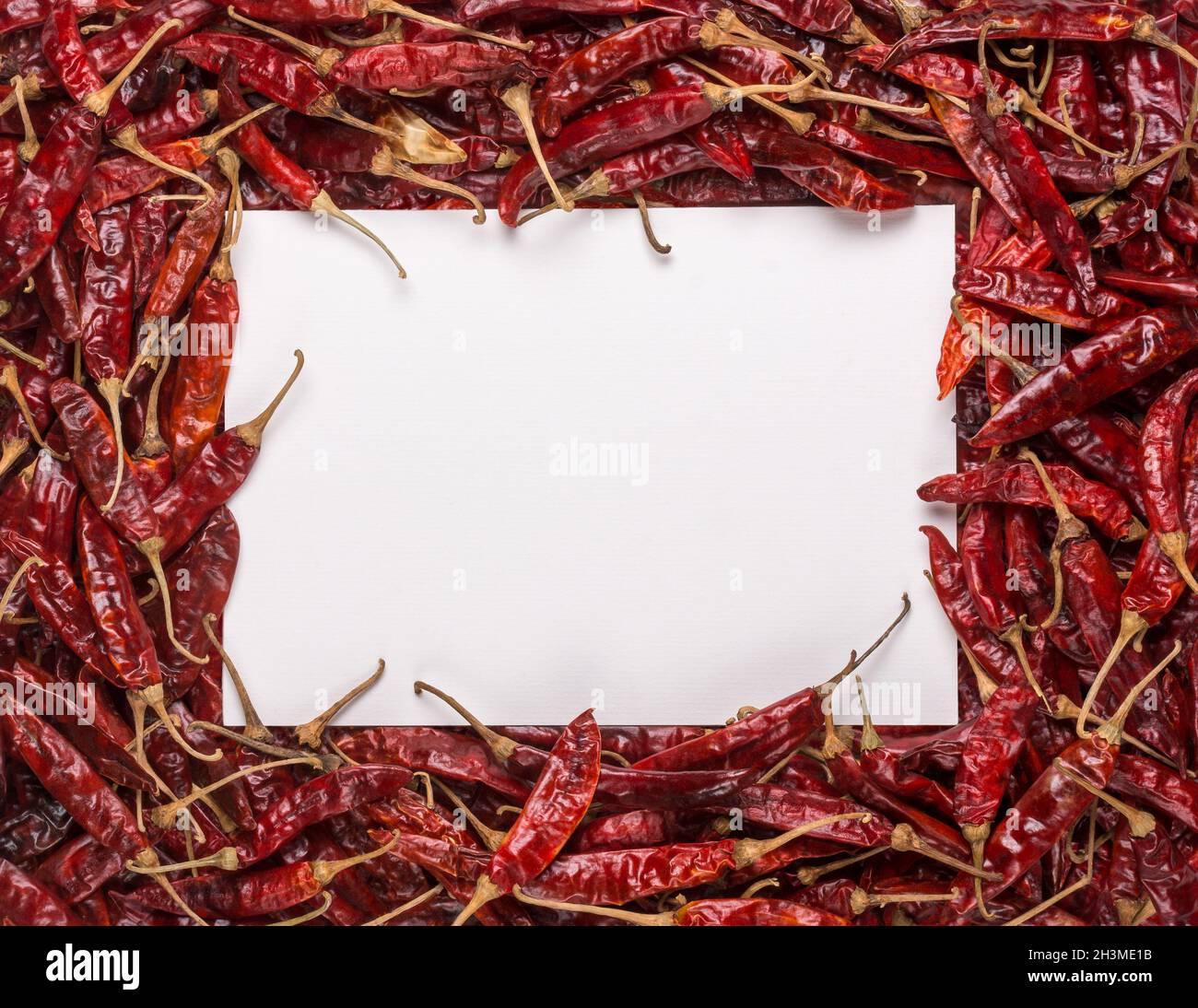 red cayenne pepper, dry chili with white paper or card for text in the ...