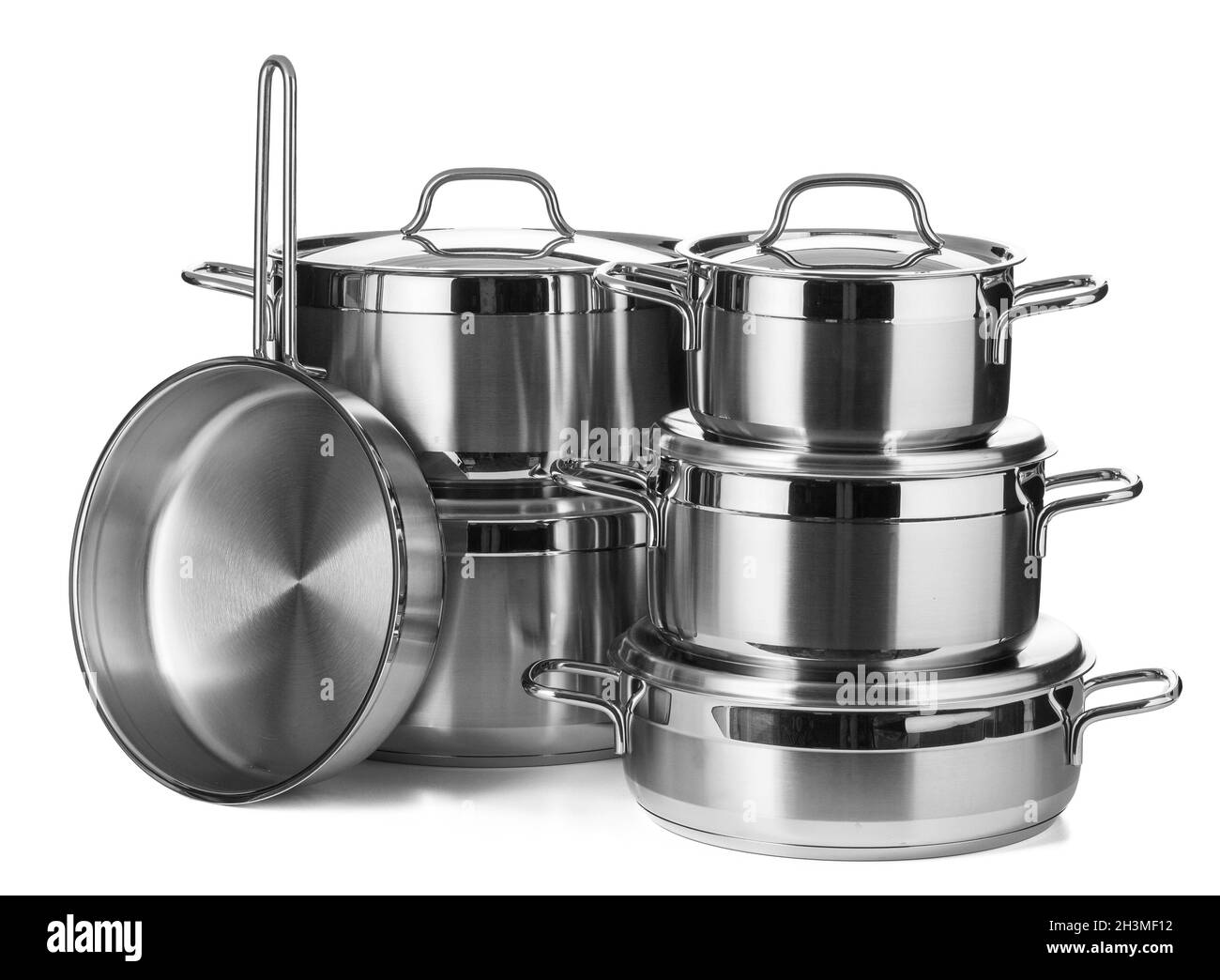 Set of stainless steel dishware isolated on white background Stock ...
