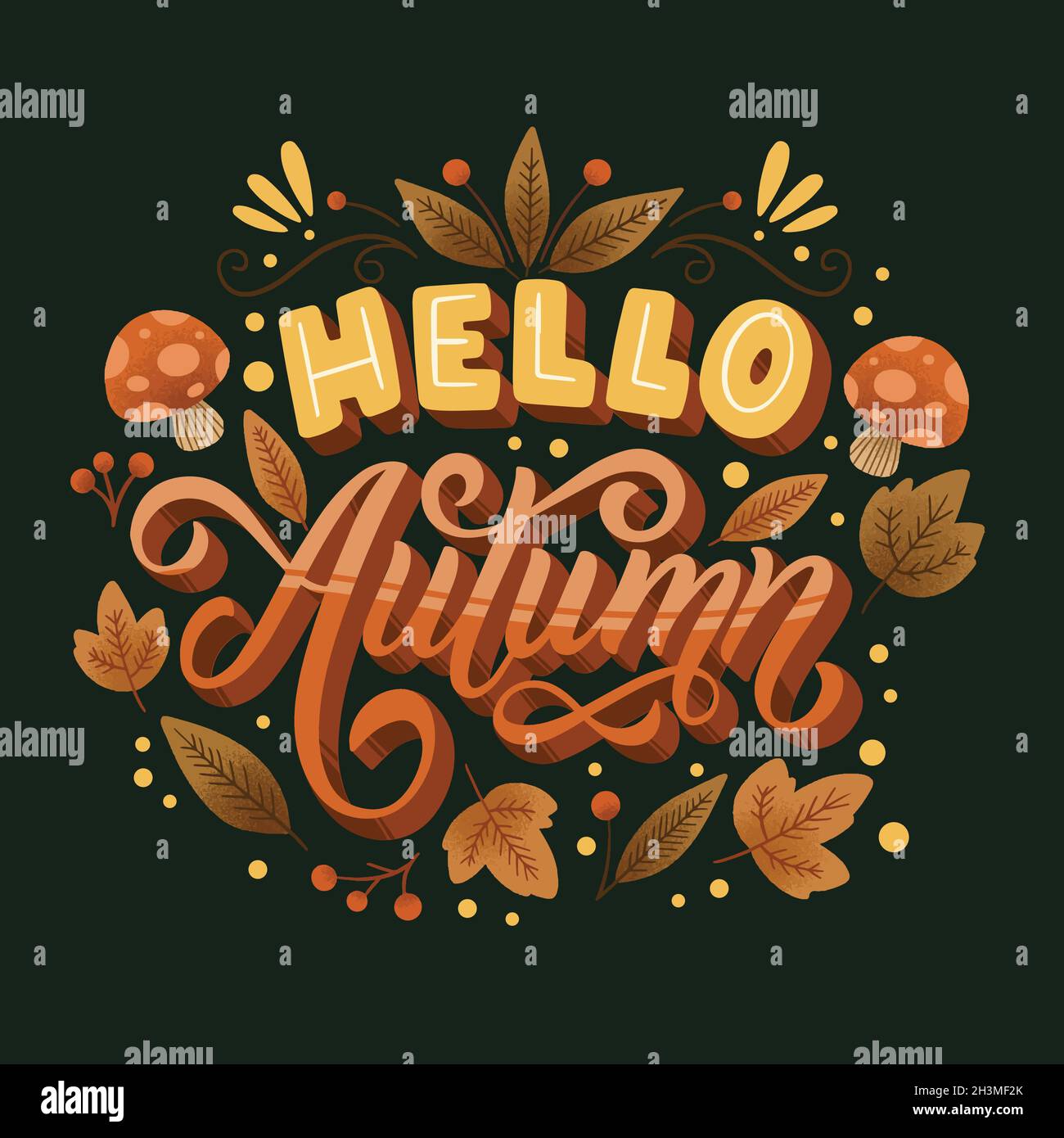 autumnal lettering with leaves mushrooms vector design illustration ...
