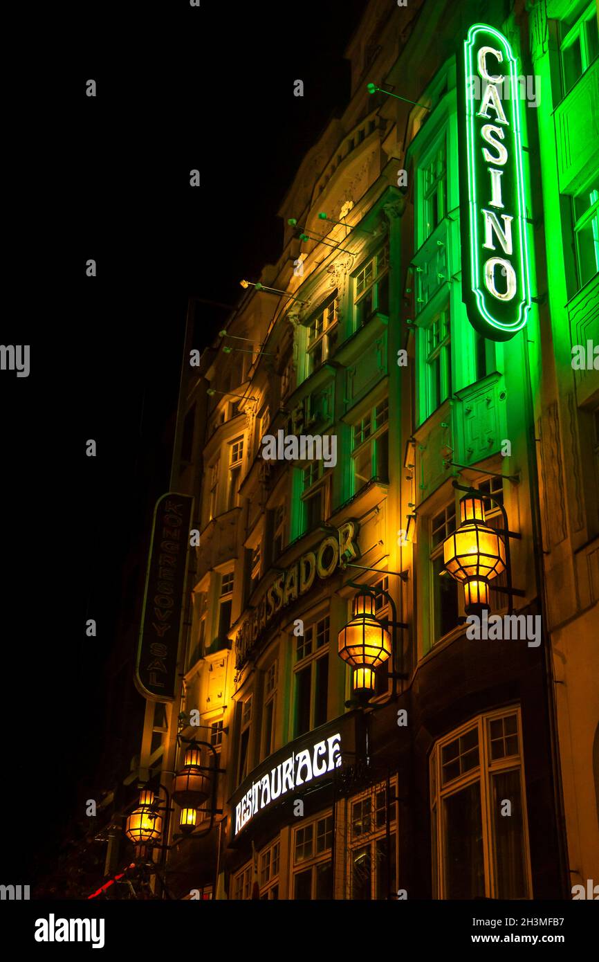 Prague, CZ - 28 october 2021: Prague Nightlife Postcard Neon sign ...