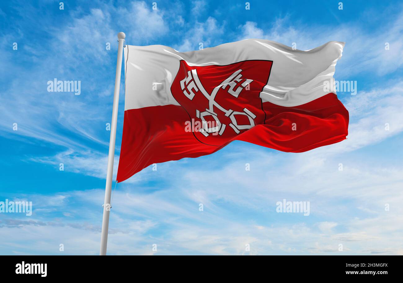 flag of Regensburg at cloudy sky background on sunset, panoramic view ...