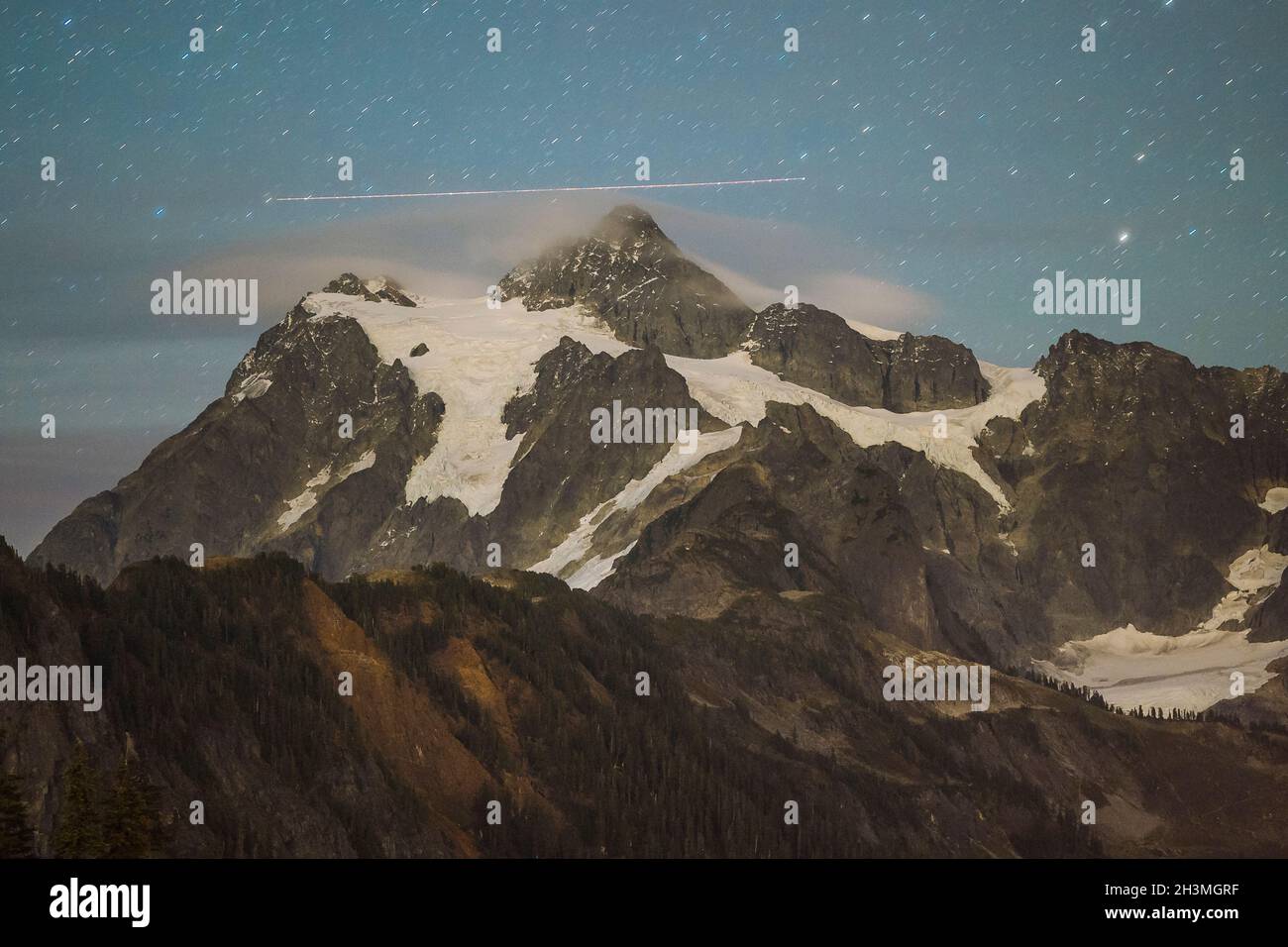 Mt Shuksan Night Photo With Plane Lights Streaking Over The Summit ...
