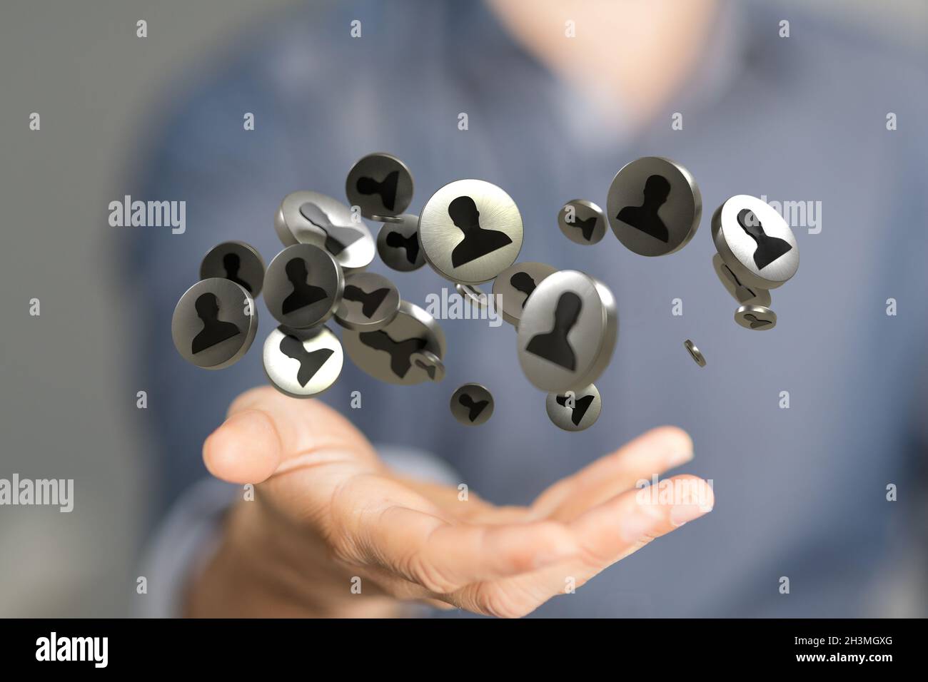3D rendering of floating group of black people icons on a businessman's ...