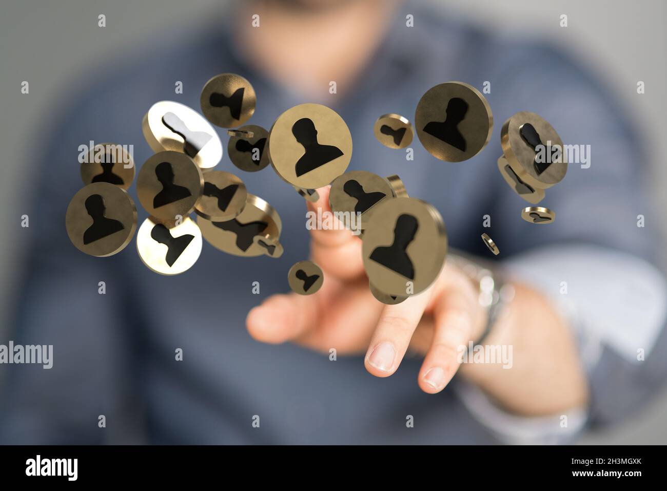 3D rendering of floating group of black people icons on a businessman's ...