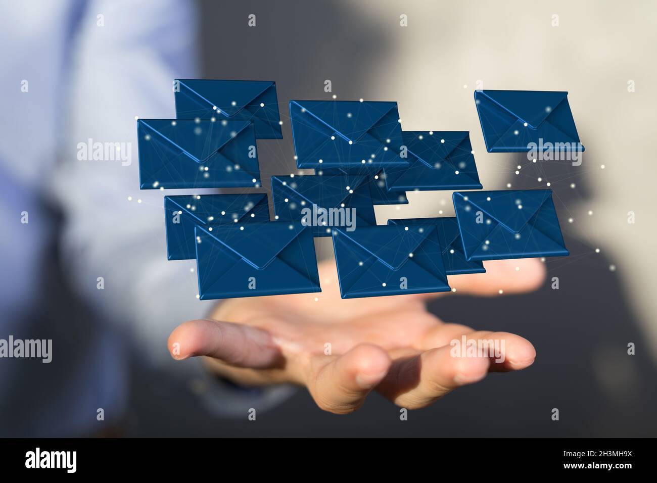 3D rendering of floating email icons on a man's hand - Concept of ...