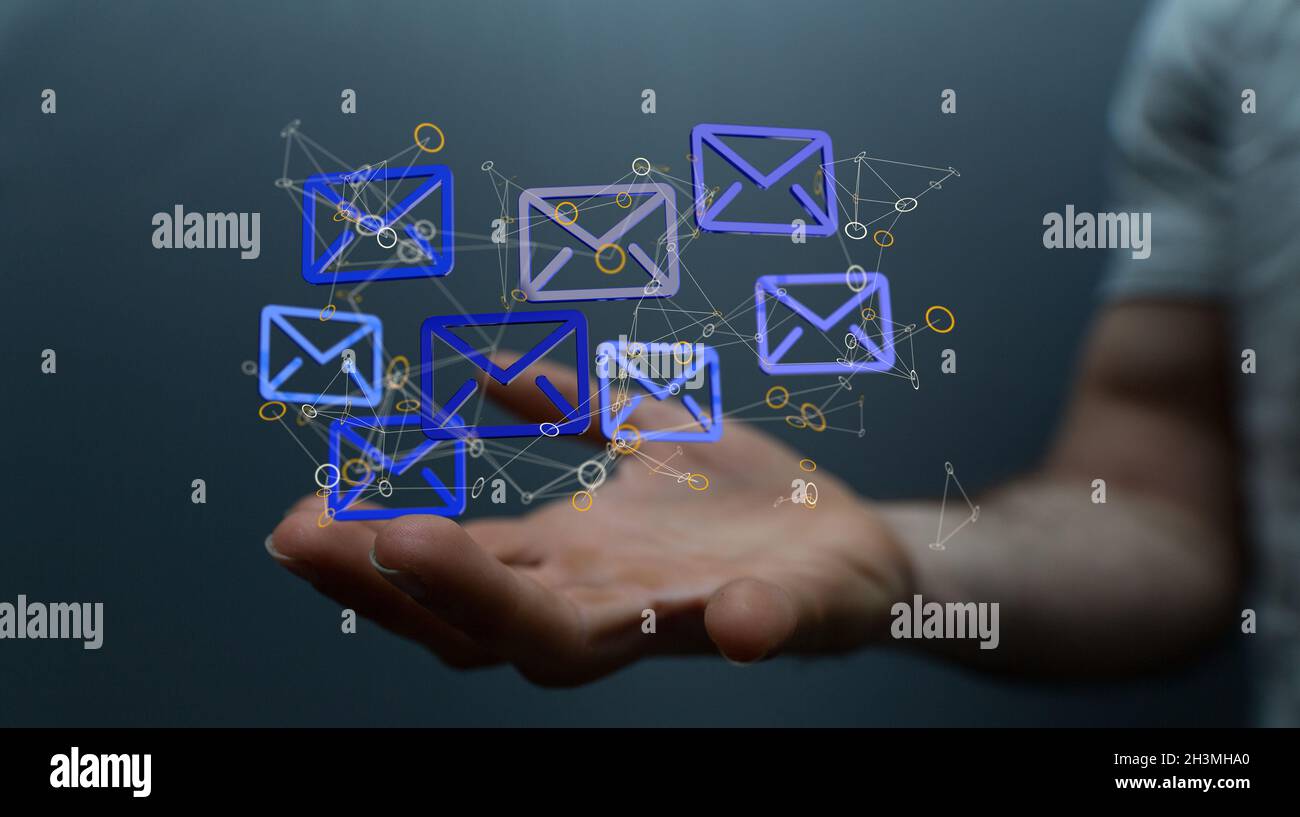 3D rendering of floating email icons on a man's hand - Concept of ...