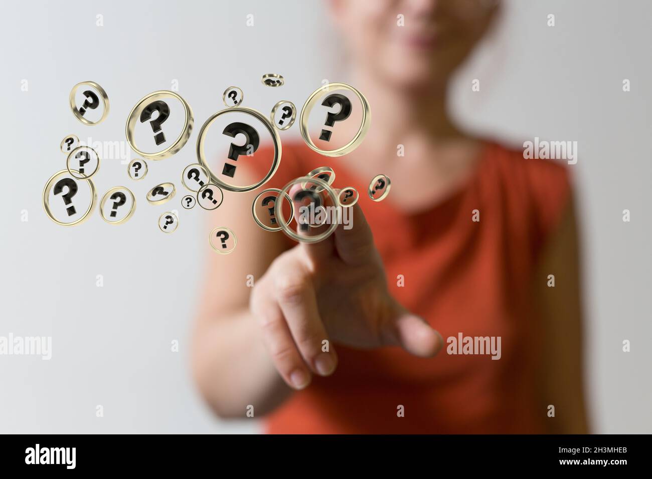 Woman's fingers touching solving problem with digital question marks 3D rendering Stock Photo ...