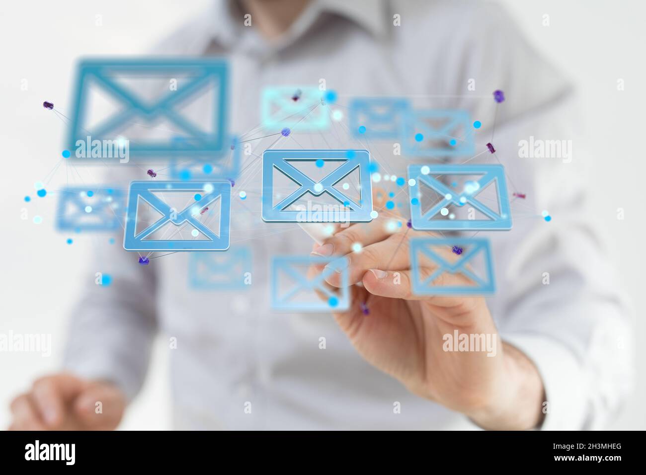 3D rendering of a man pointing at floating email icons - Concept of ...