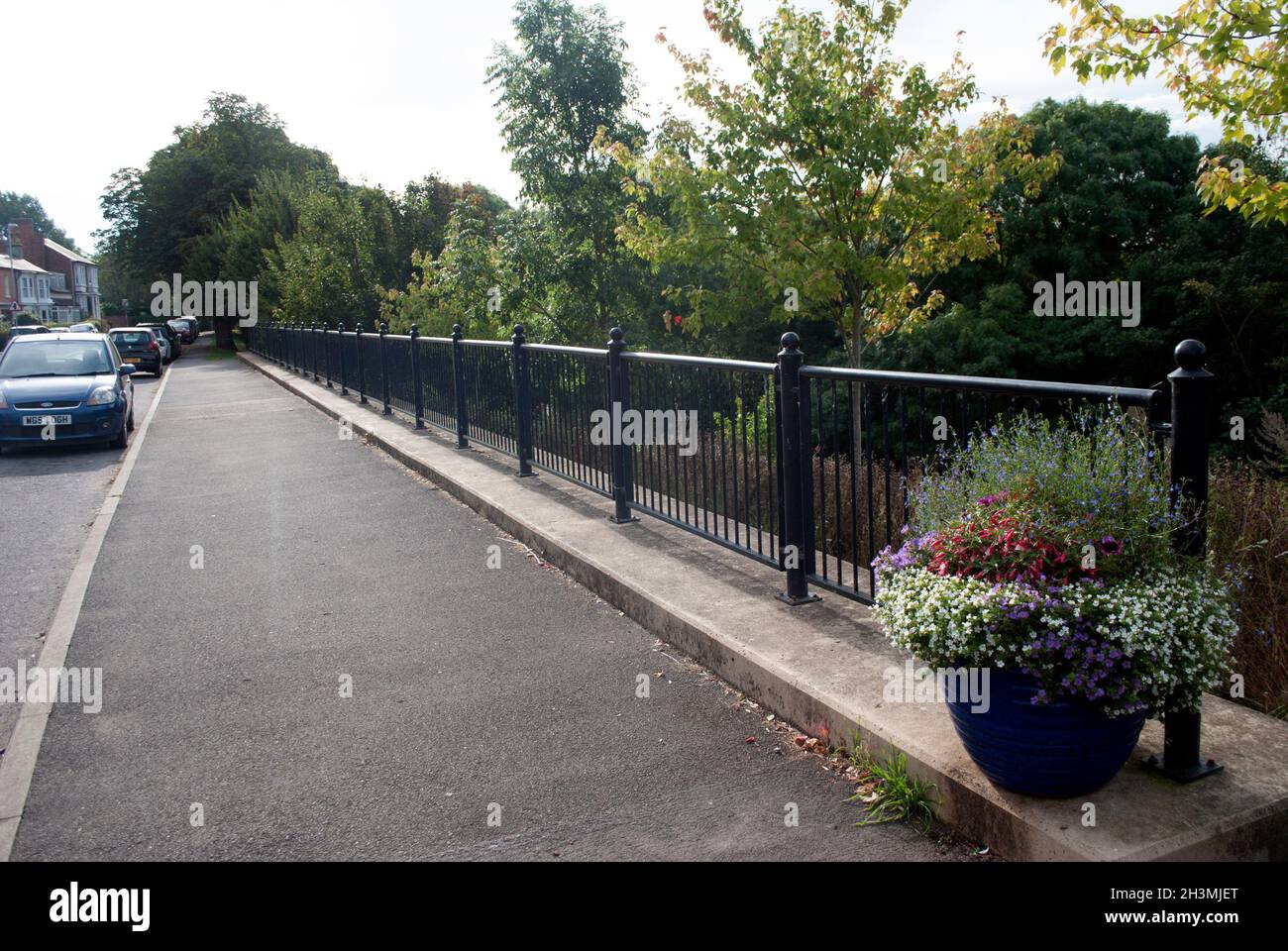 Pavement, railings and planter at The Front, Middle One Row, Darlington ...