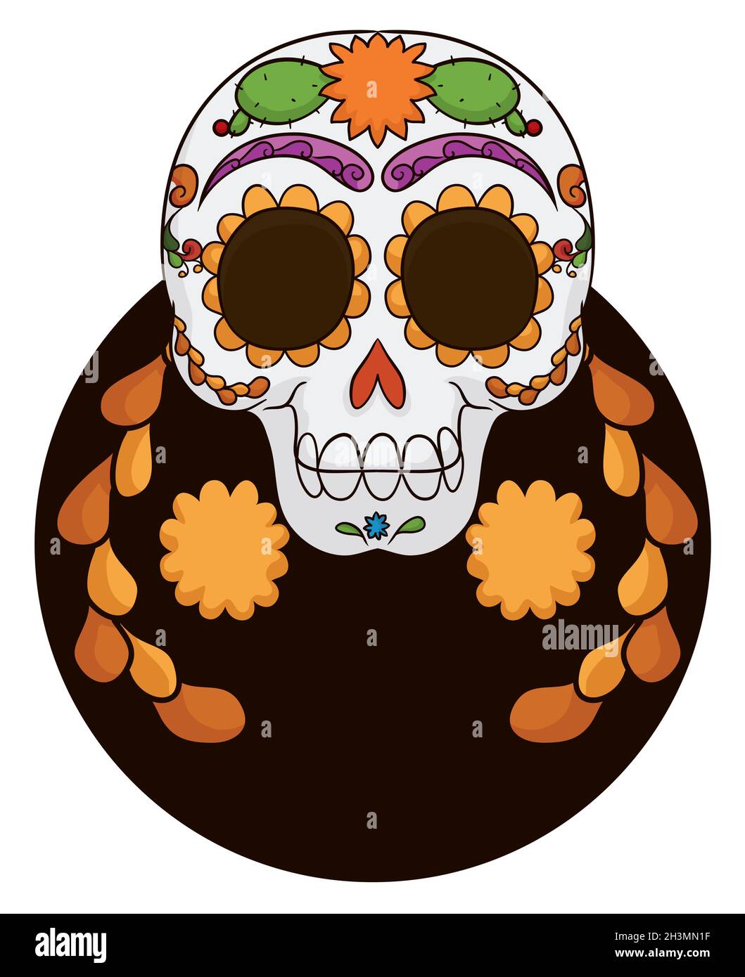 Round button with smiling female skull decorated with petals like ...