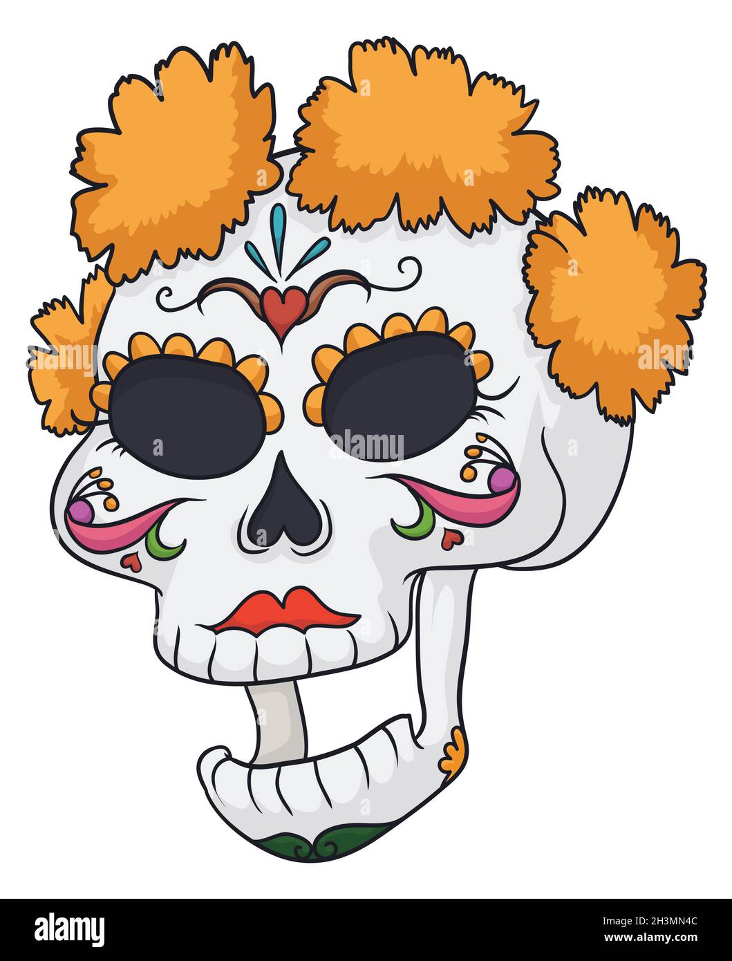 Happy female skull with marigold flowers on its head, decorated with ...