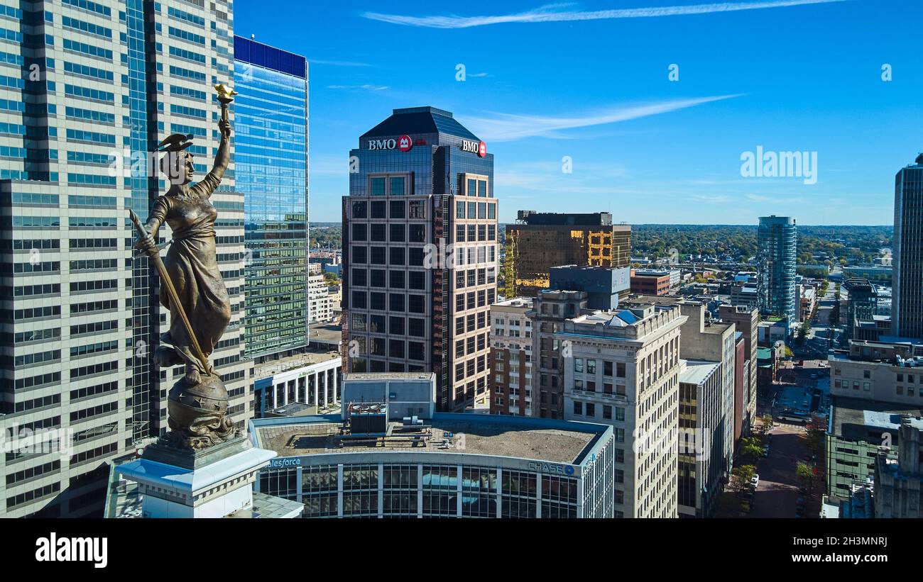 Aerial of Indianapolis statue at top of Soldiers and Sailors Monument ...