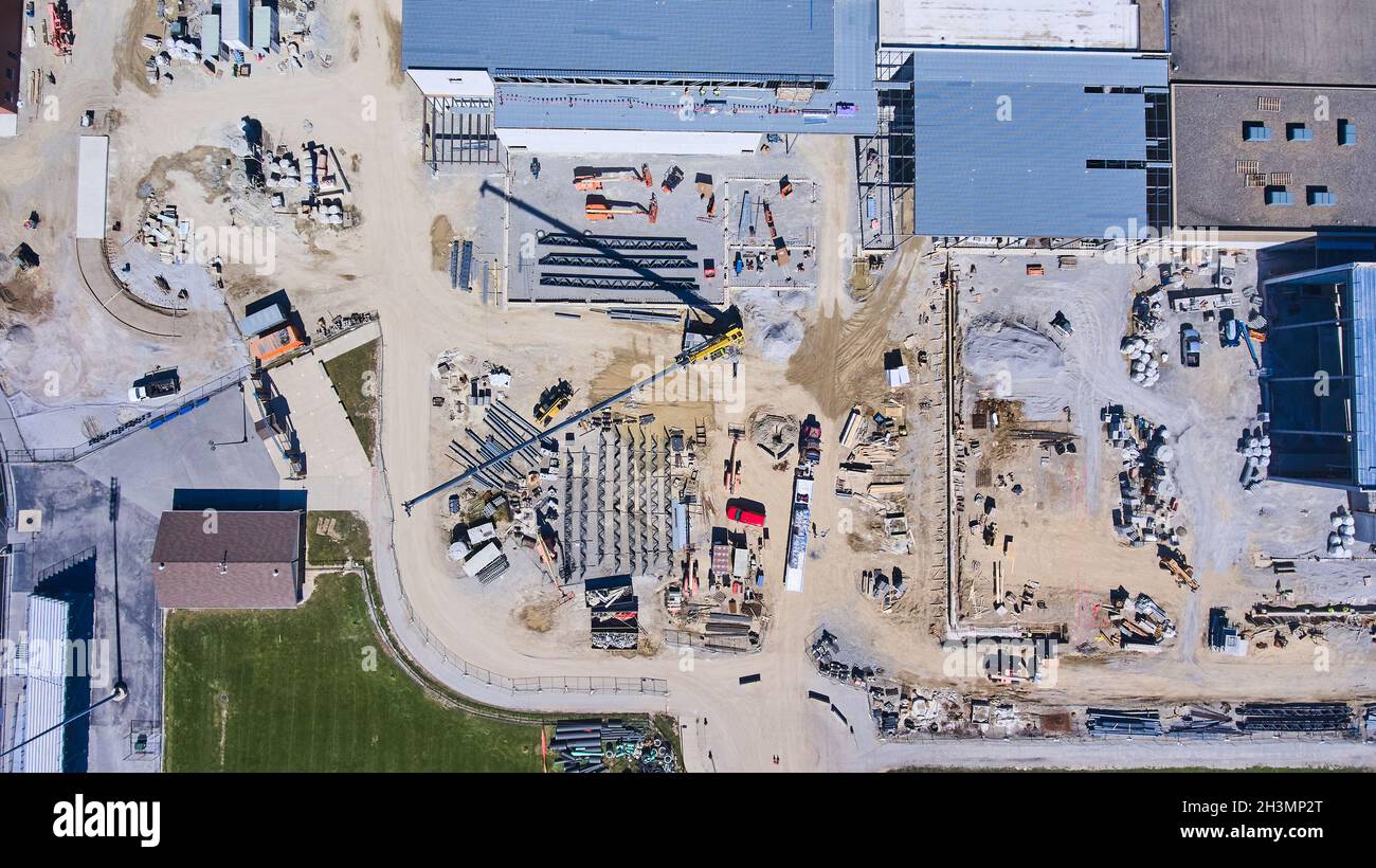 Wide aerial view looking straight down on construction site Stock Photo ...