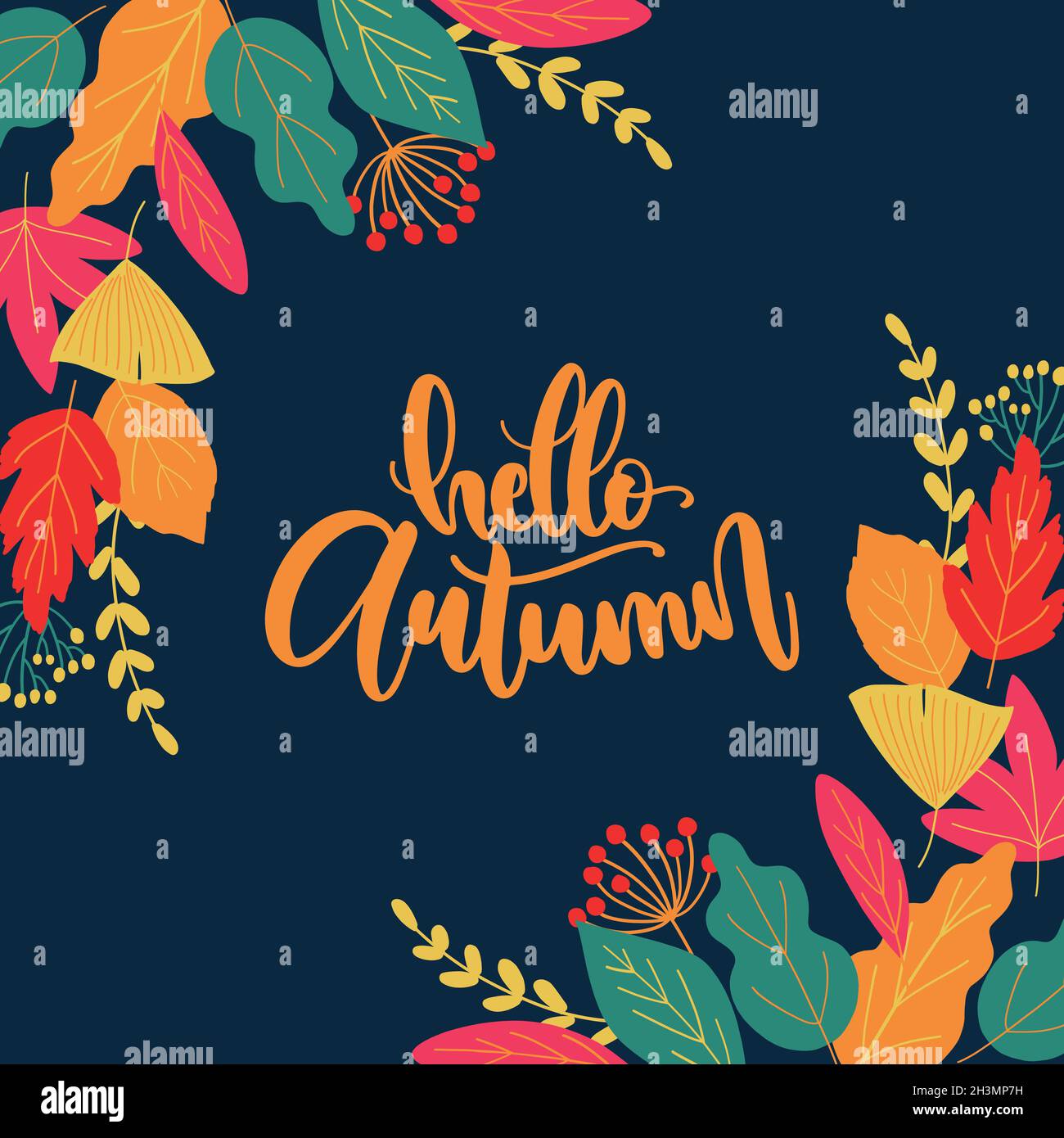 hello autumn lettering background with leaves vector design ...