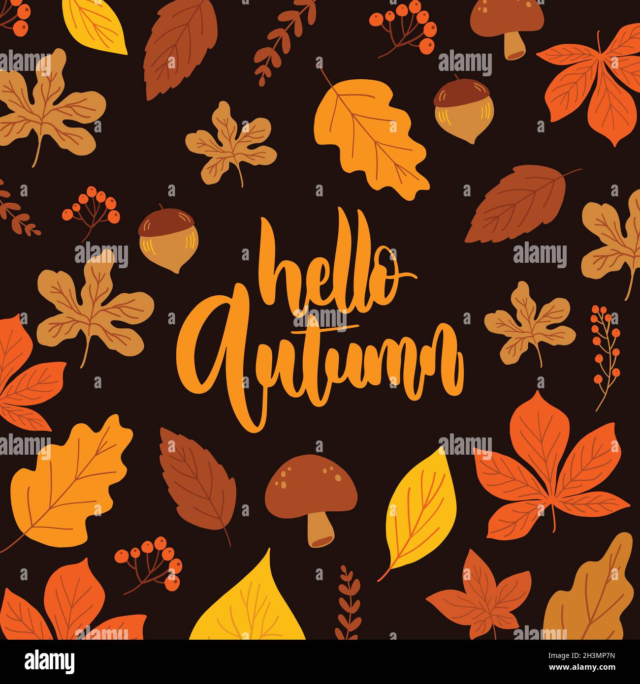 hello autumn lettering background with leaves vector design ...