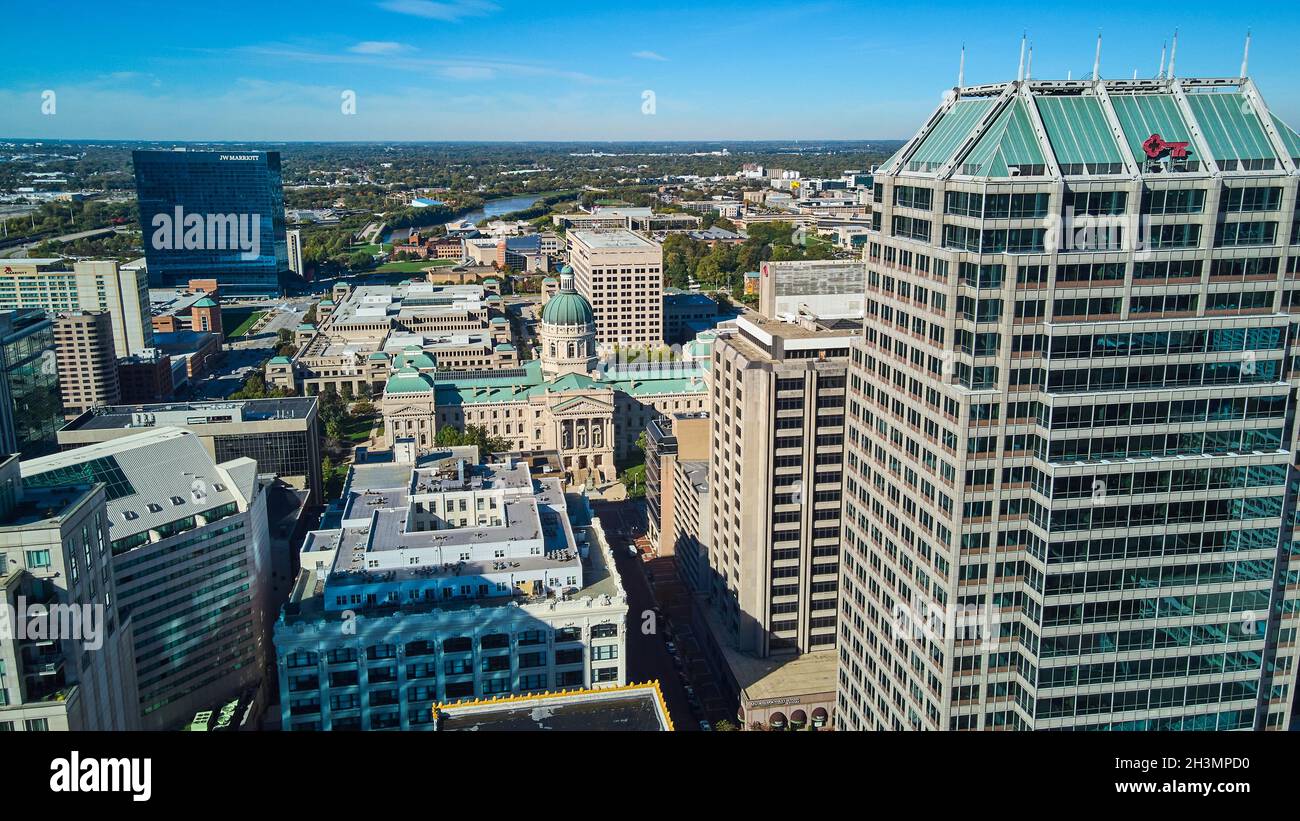 Aerial of downtown Indianapolis buildings, courthouse, and skyscrapers ...
