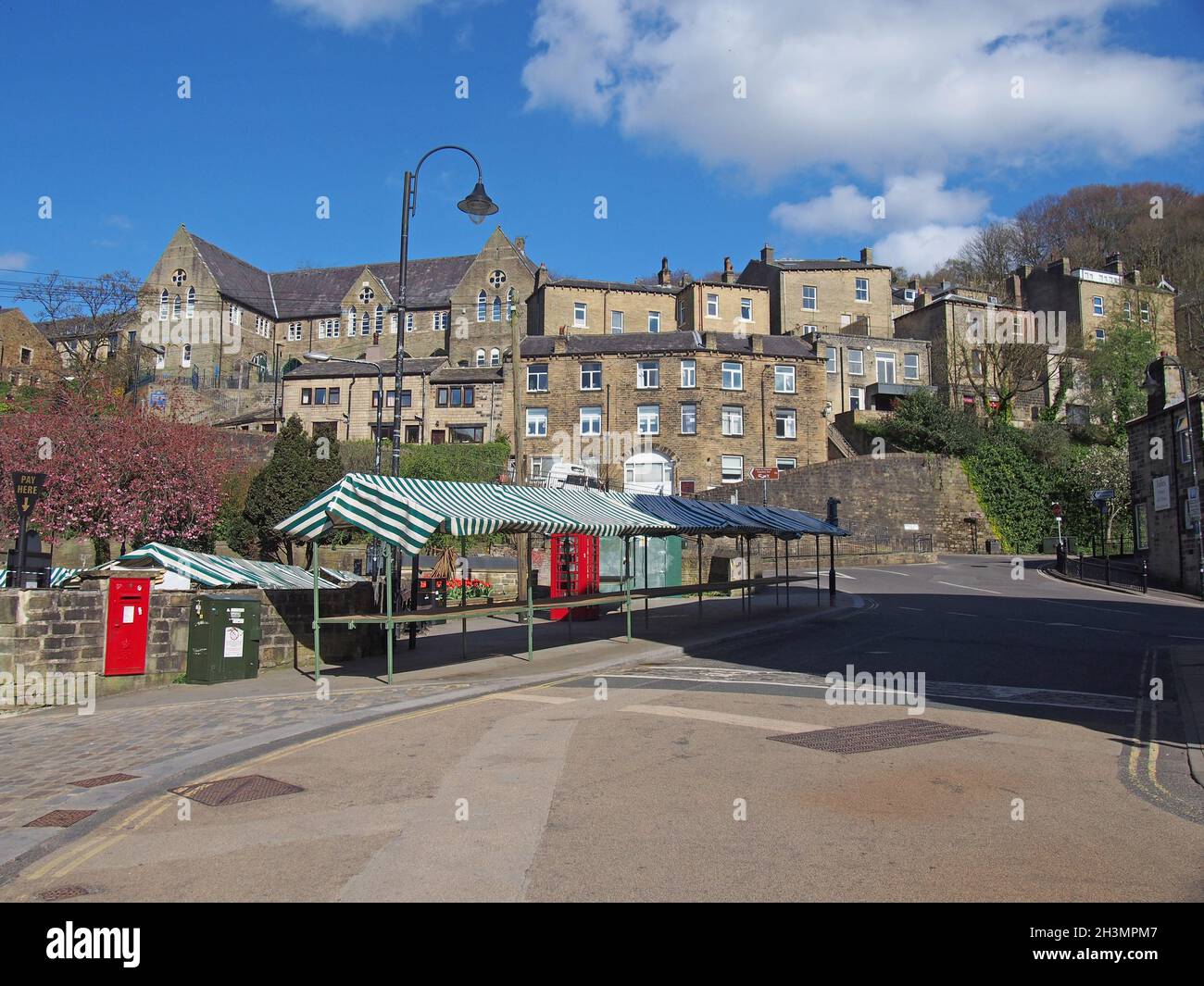 A view of the empty market and surrounding buildings in hebden bridge ...