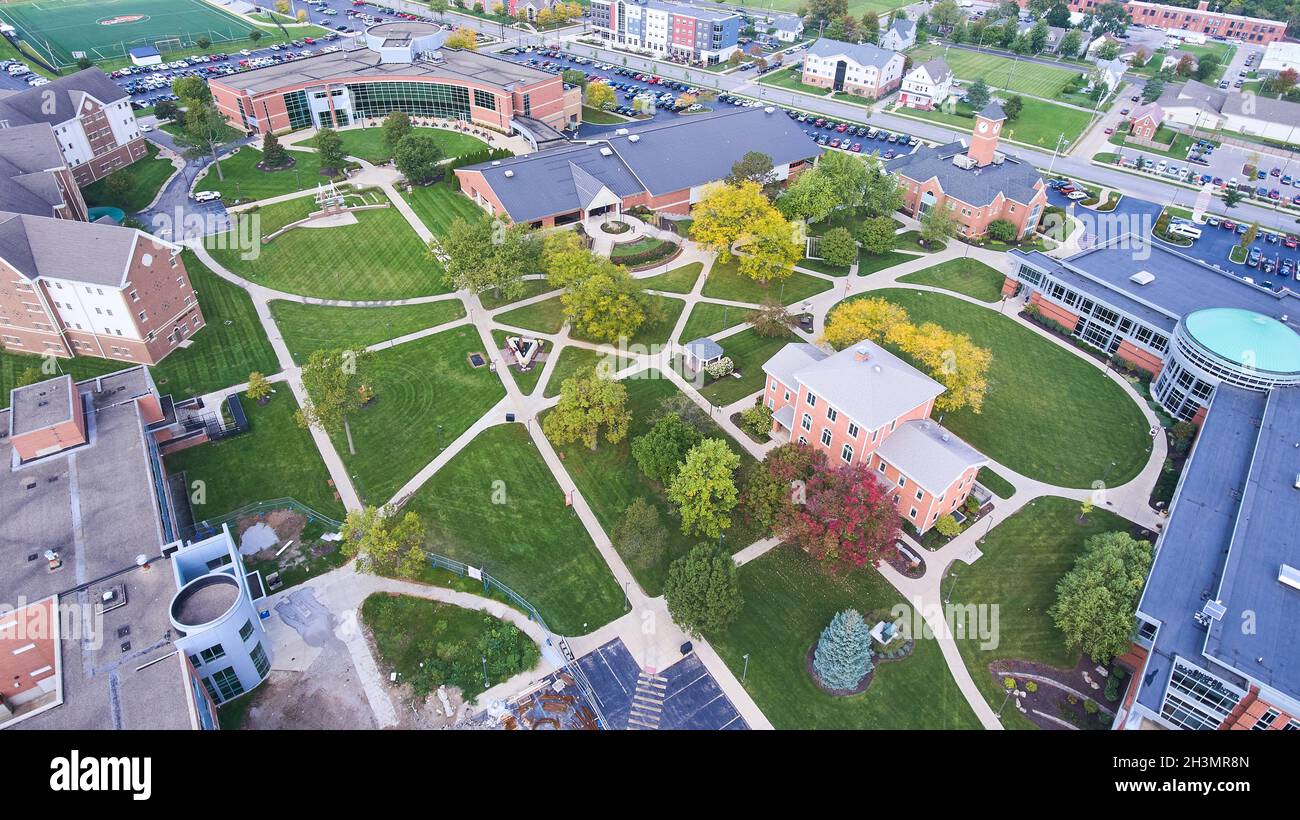 Aerial of grounds of college campus in northeast Indiana Stock Photo ...