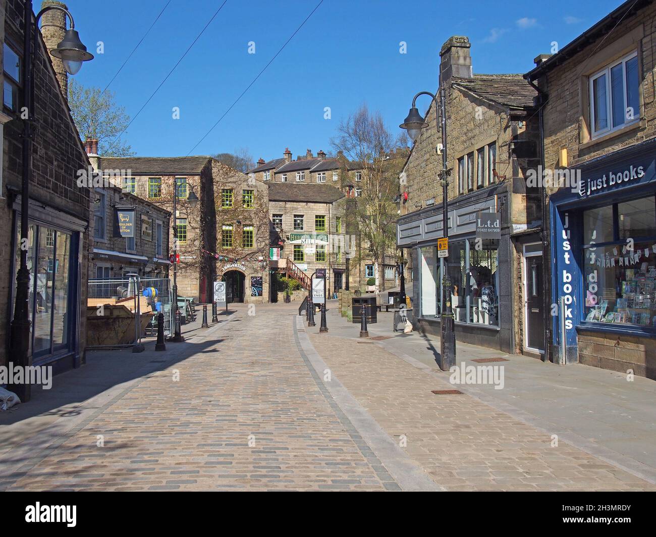 Bridge gate in the centre of hebden bridge with shops and cafes on ...