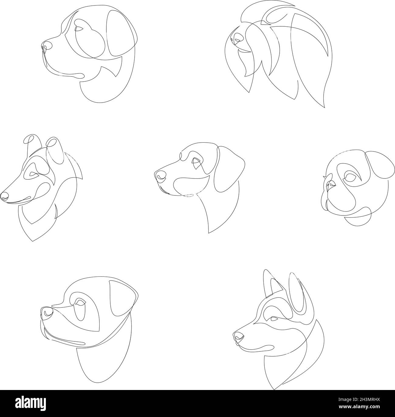 Breeds of dogs drawn in minimal style set. One line dogs. Vector ...