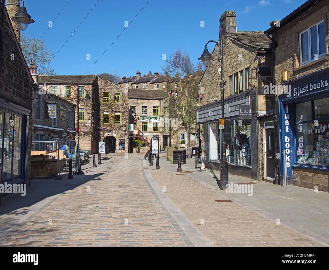 Bridge gate in the centre of hebden bridge with shops and cafes on ...