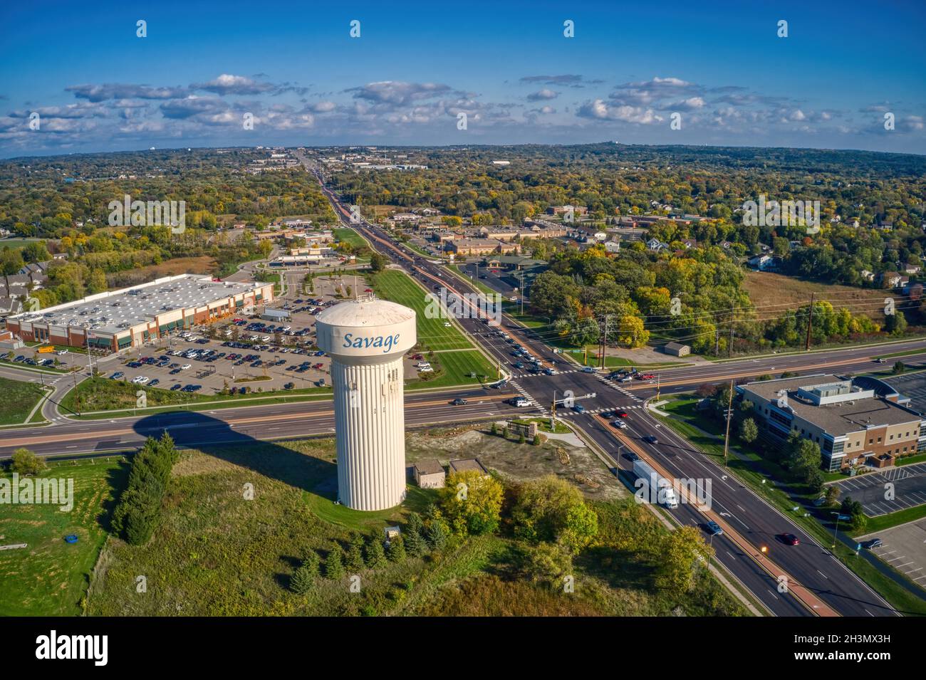 Aerial view of the Twin Cities Outer Suburb of Savage under a blue sky ...