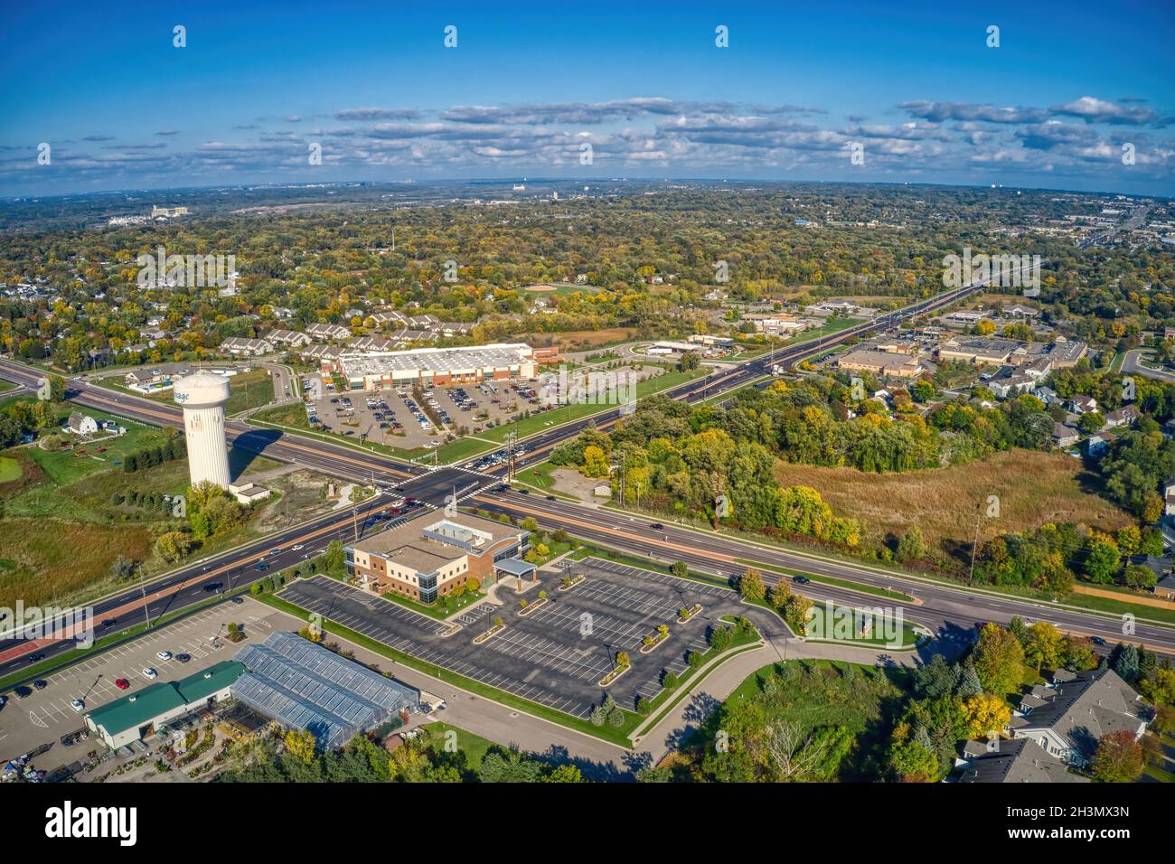 Aerial view of the Twin Cities Outer Suburb of Savage under a blue sky ...