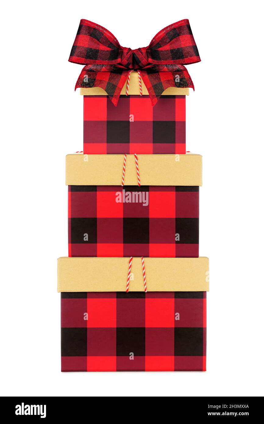Stack of red and black buffalo plaid Christmas gift boxes with lid and ...