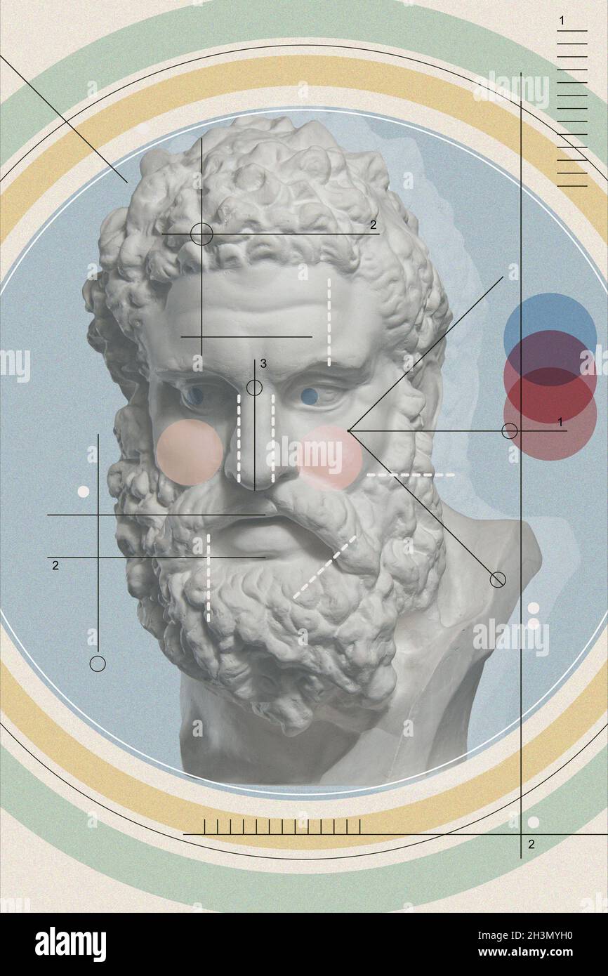 Art collage with antique sculpture of Heracles face and numbers ...