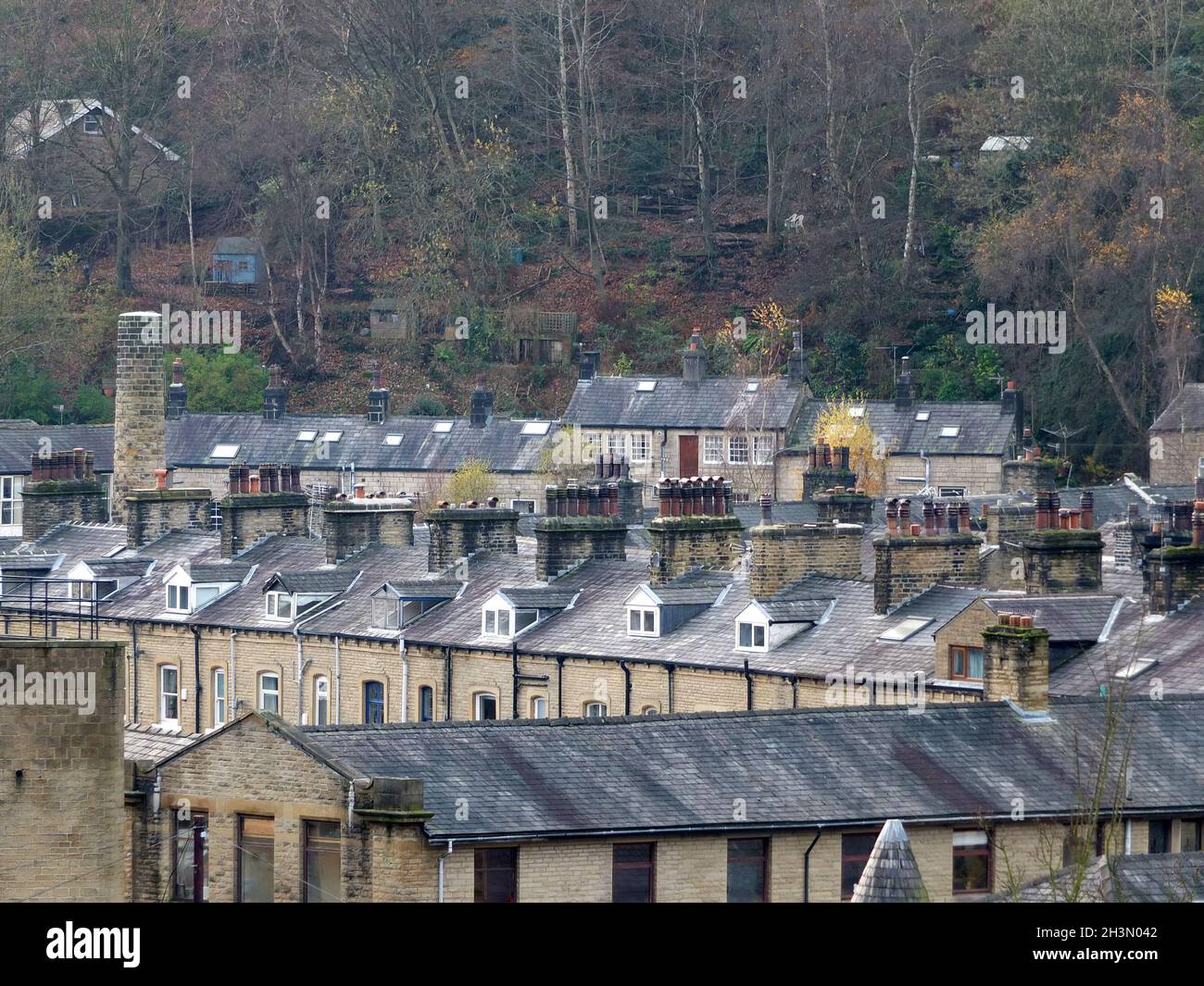 Rooftop view of rows of traditional terraced streets and stone houses ...