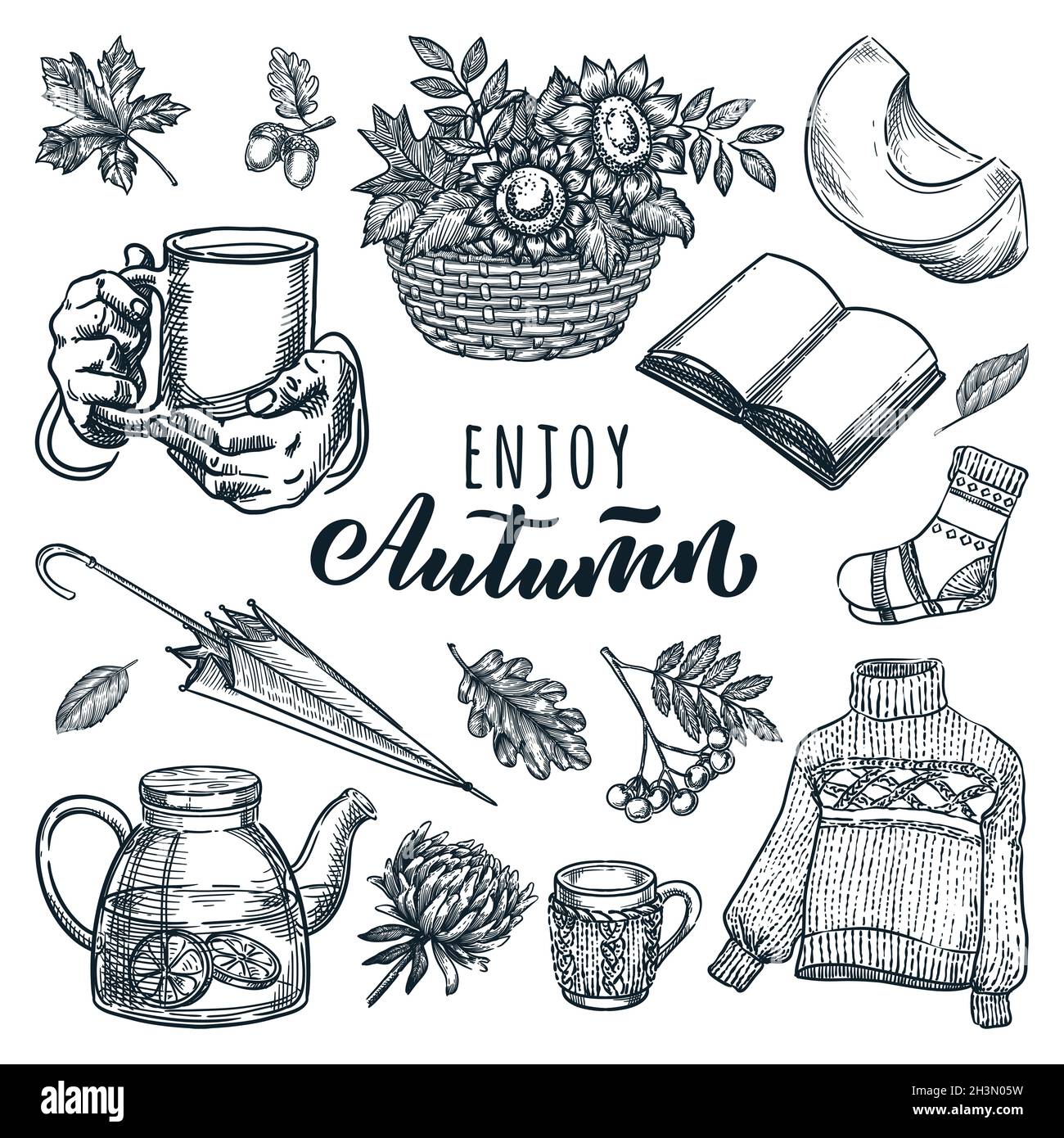 Autumn hygge design elements collection. Vector sketch illustration and ...