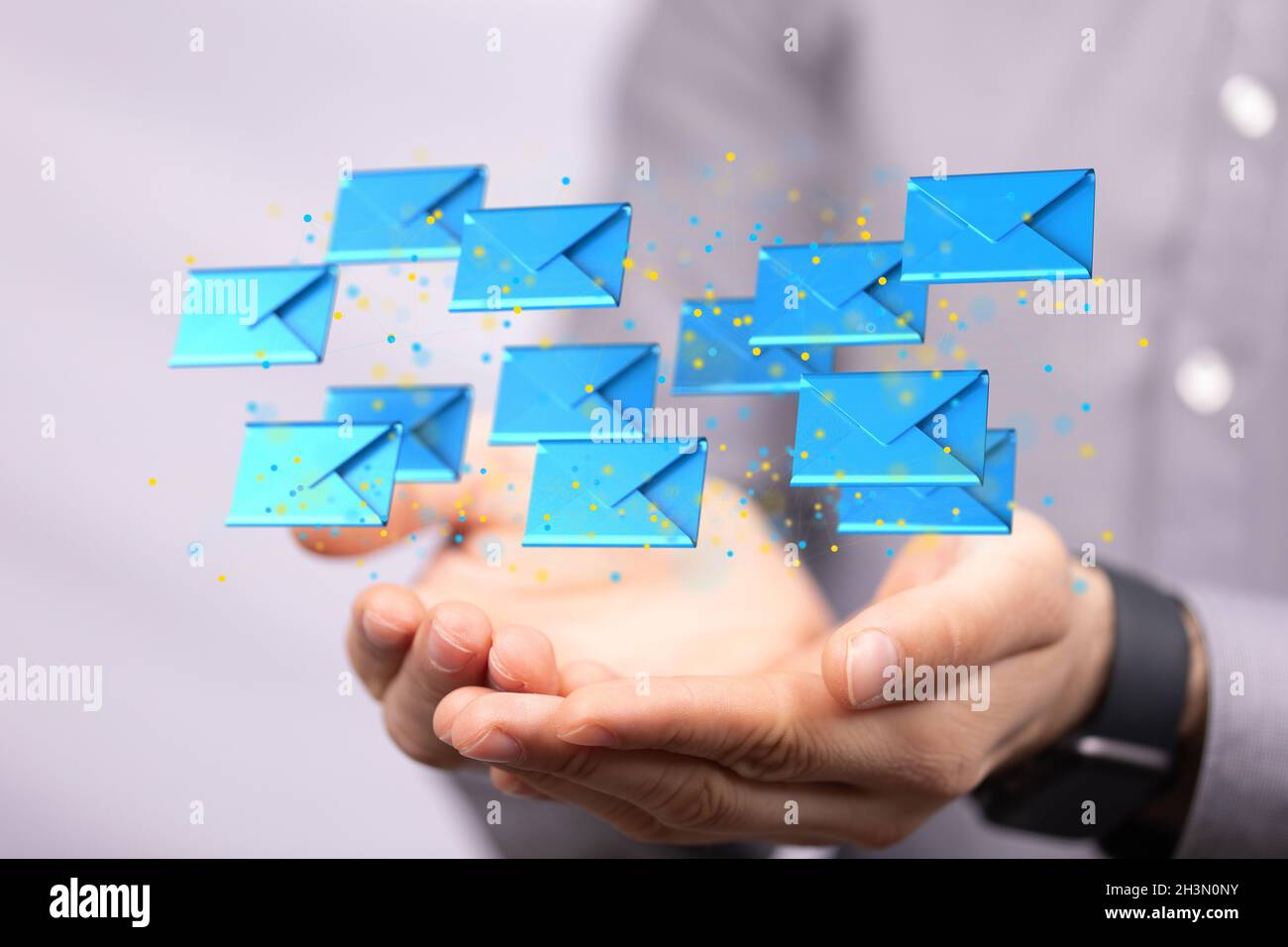 3D render of an email symbol and Network Communications with a blurry ...