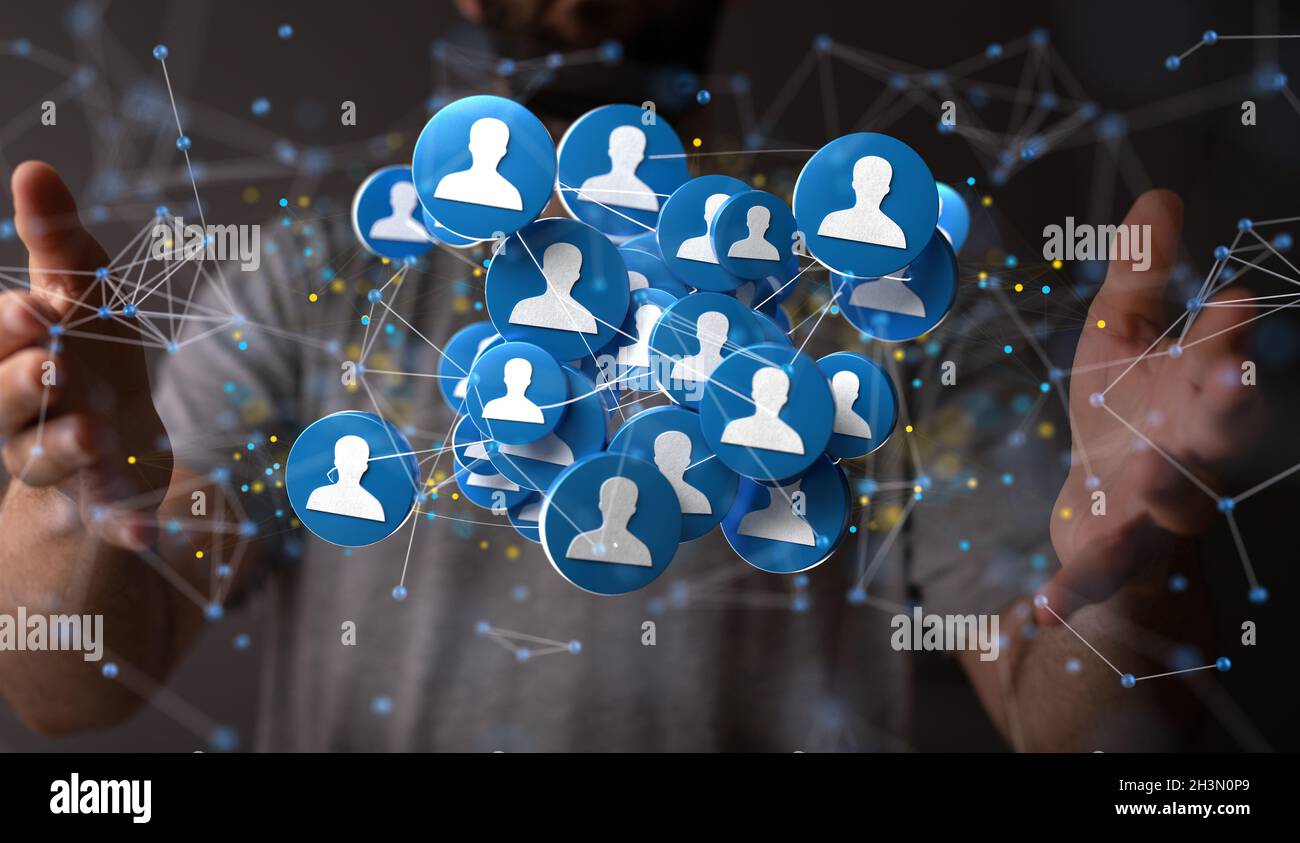 3D rendering of a group of floating blue people icons on a businessman ...