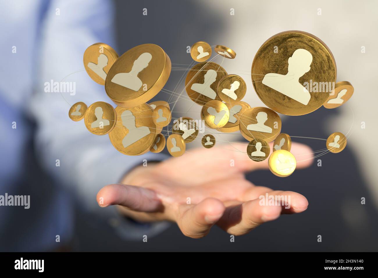 3D rendering of a group of floating golden people icons on a ...