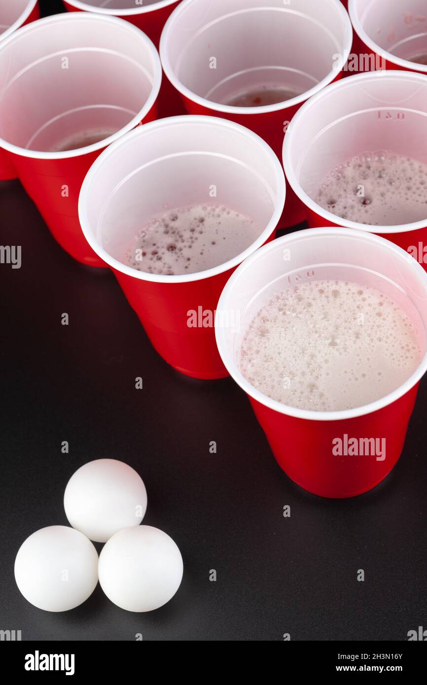 The arrangement of red plastic cups for game of beer pong Stock Photo ...