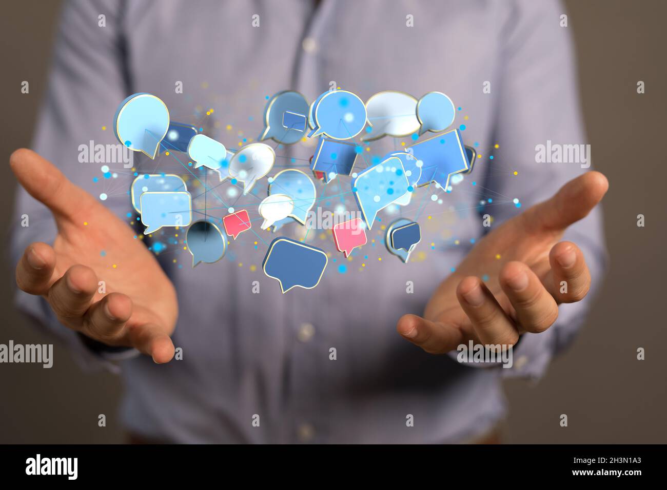 3D render of an email symbol and Network Communications with a blurry ...