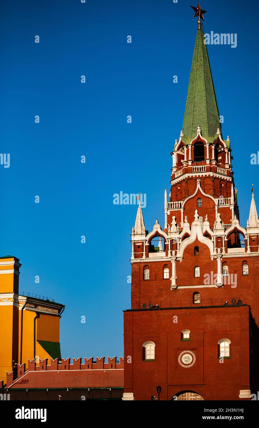 red brick wall of the moscow kremlin in the sunset rays of the sun ...