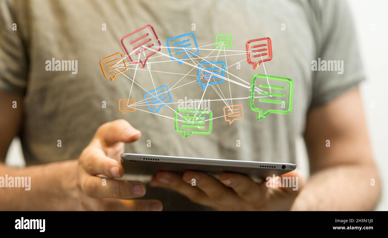 3D rendering of beige email icons with hand pointing at it from the ...