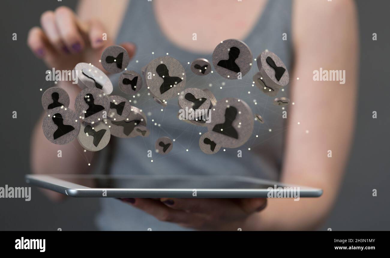 3D rendering of a group of floating people icons on a tablet ...