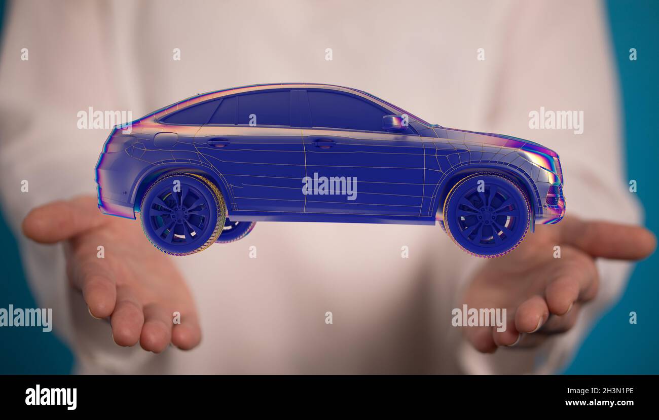3D rendered hologram of a car with a hand pointing at it from the ...