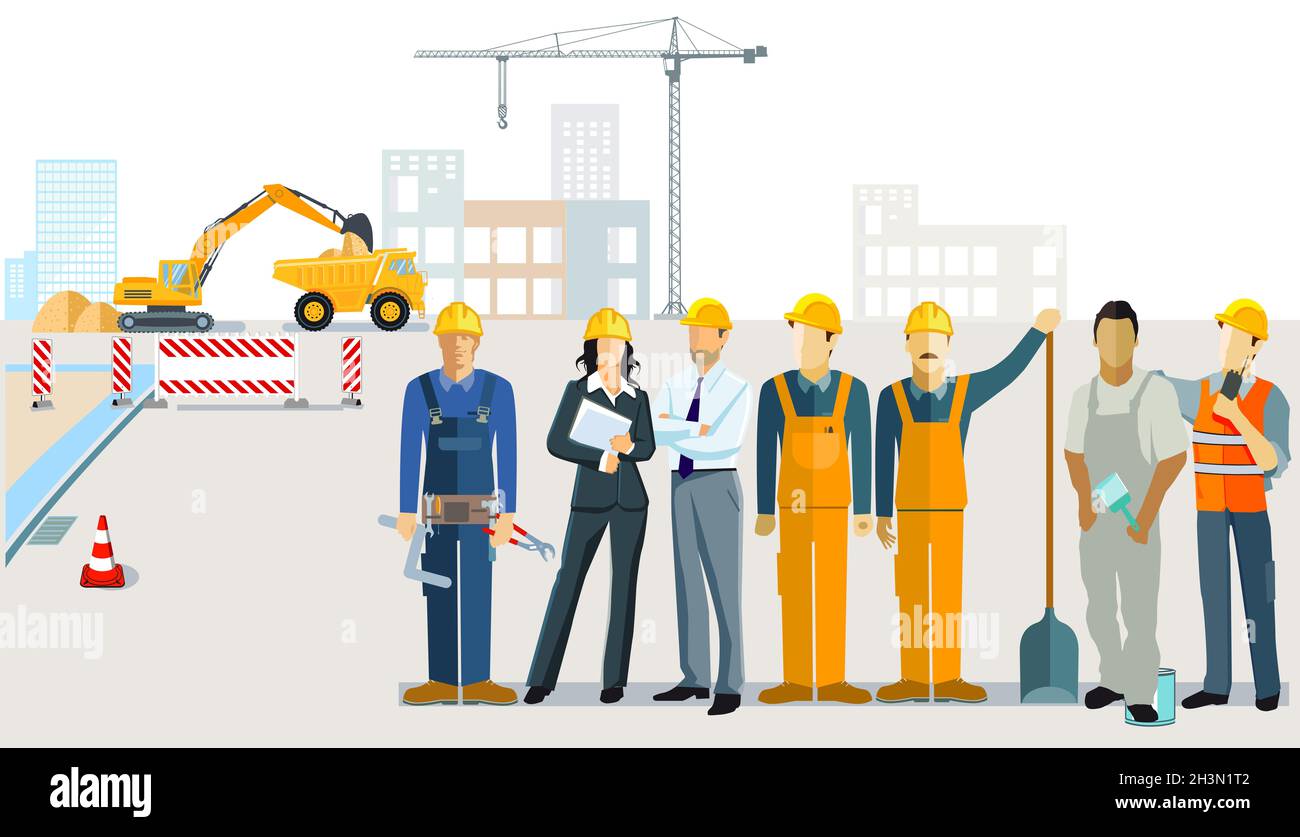 Construction management with construction workers and architect Stock ...