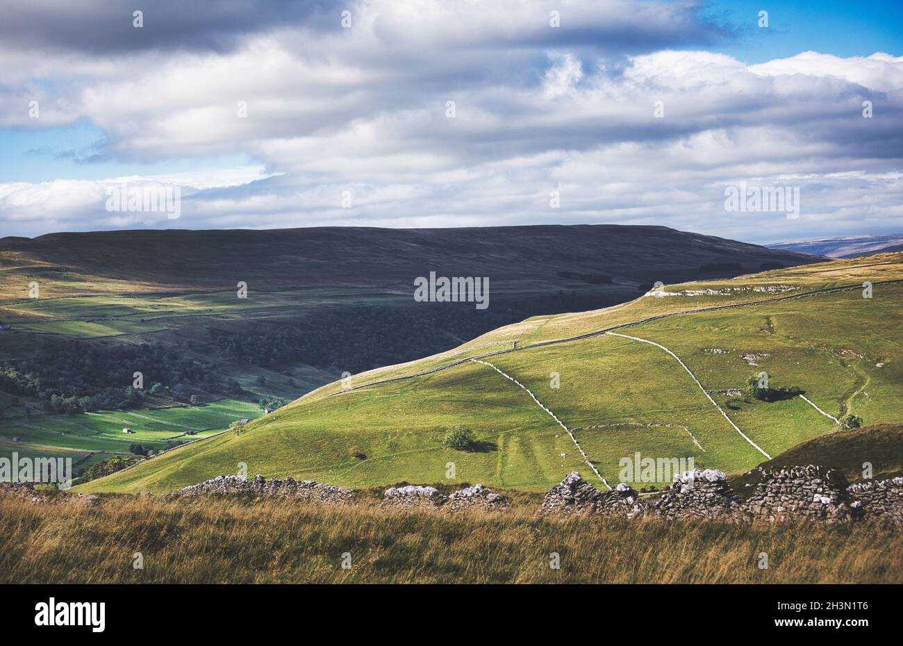 Above Kettlewell panorama of rugged hilly farming moorland with dry ...