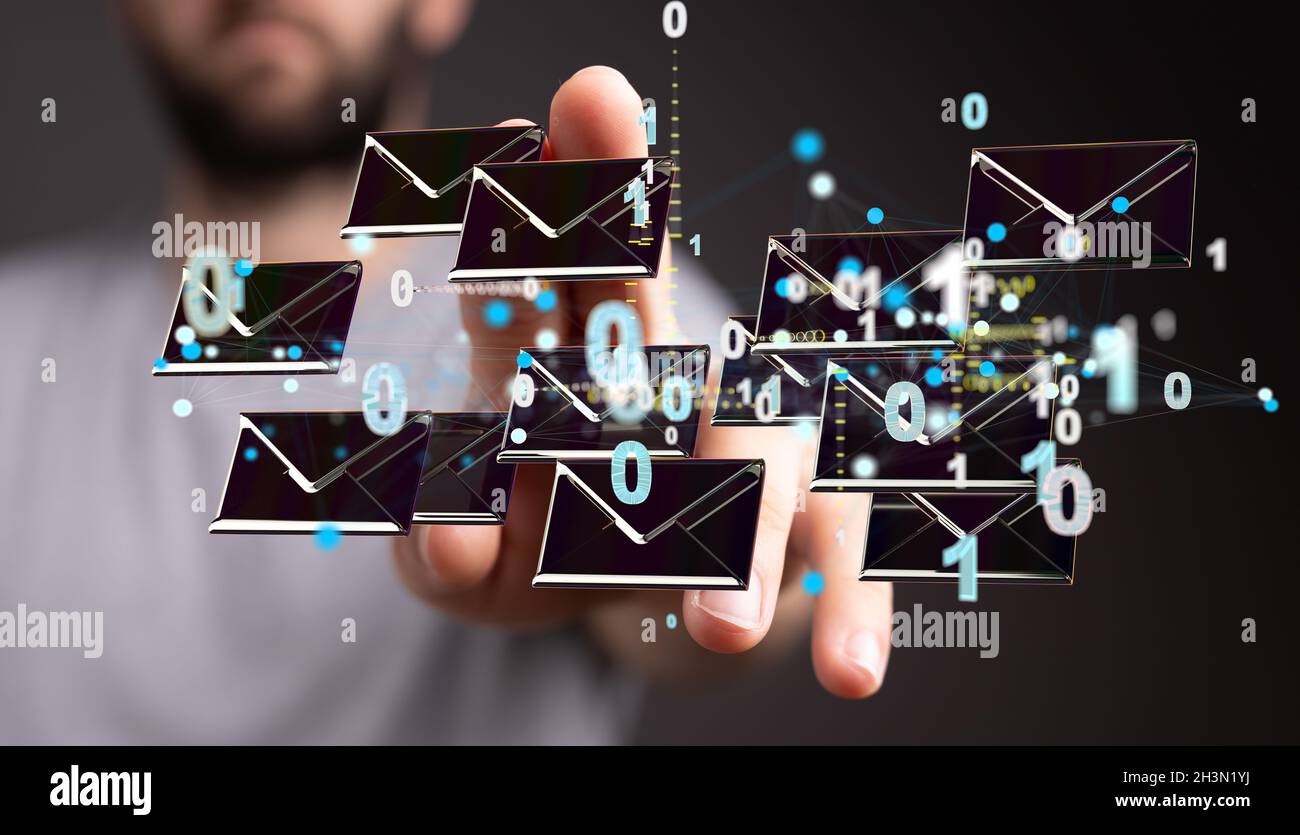 3D rendering of a man pointing at floating email icons - Concept of ...